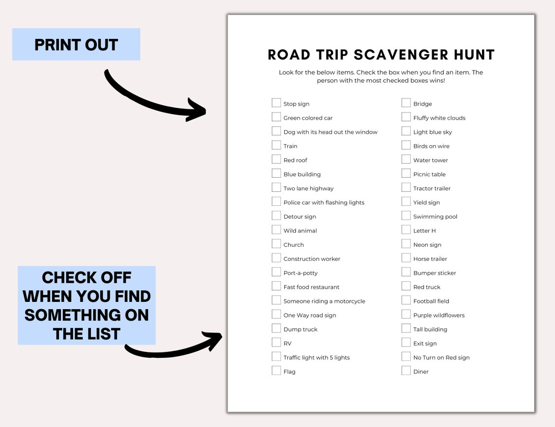 Road Trip Scavenger Hunt, Adults and Kids Games Road Trip Printables ...