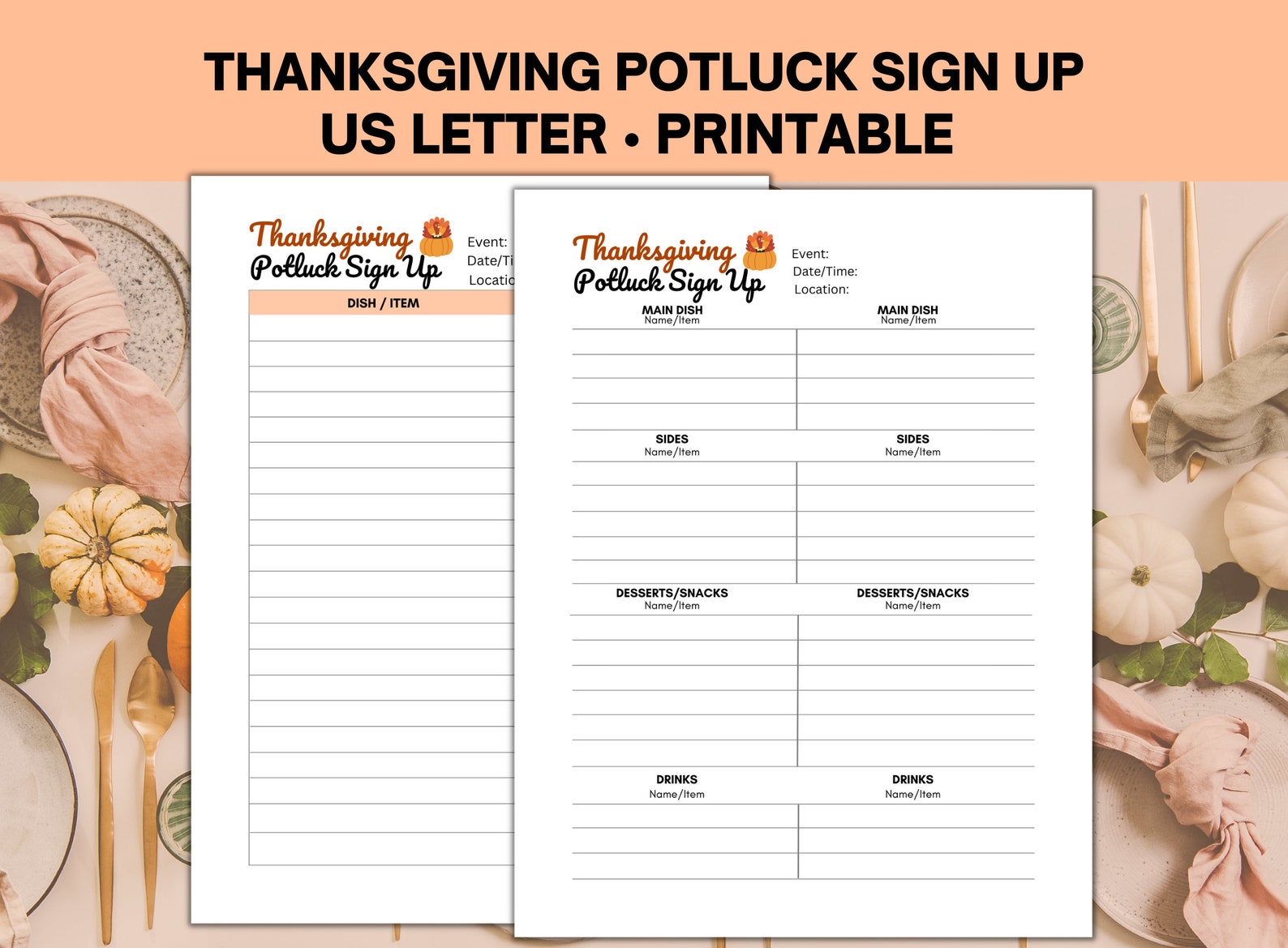 Thanksgiving Potluck Sign up Sheet Printable, Holiday Potluck - Etsy