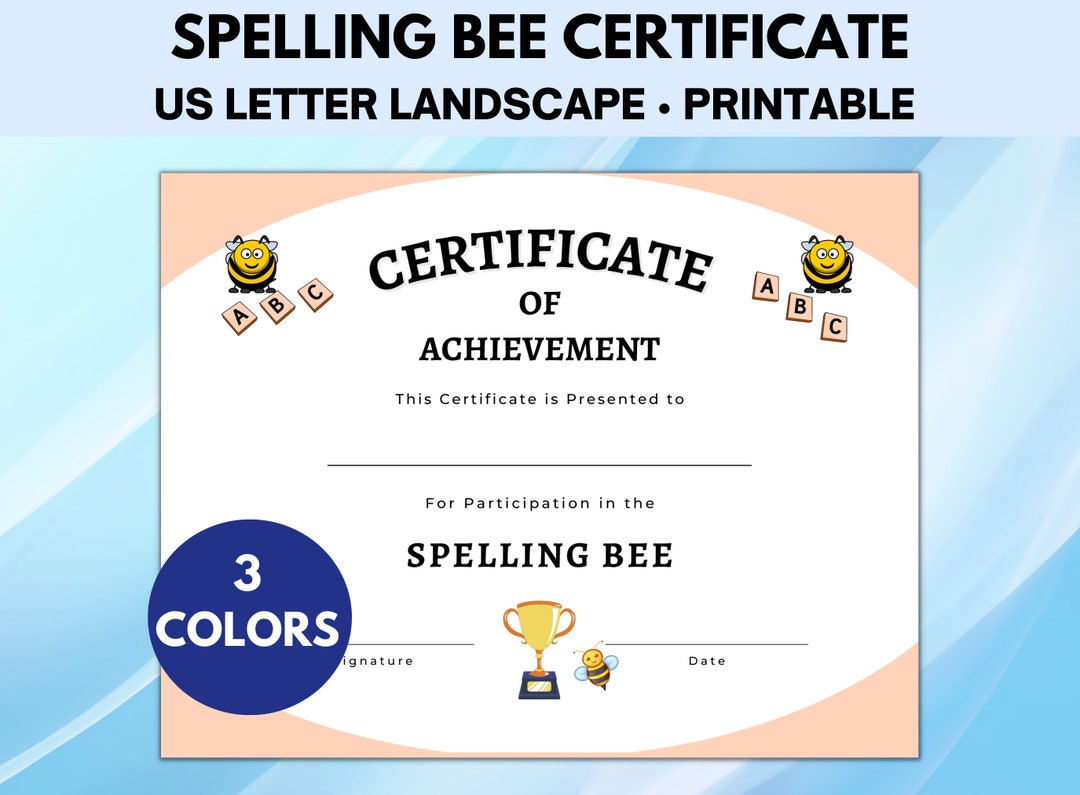 Spelling Bee Certificate, Award and Certificate of Achievement for Kids ...