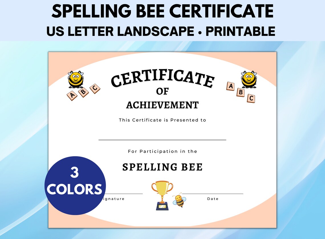 Spelling Bee Certificate, Award and Certificate of Achievement for Kids ...