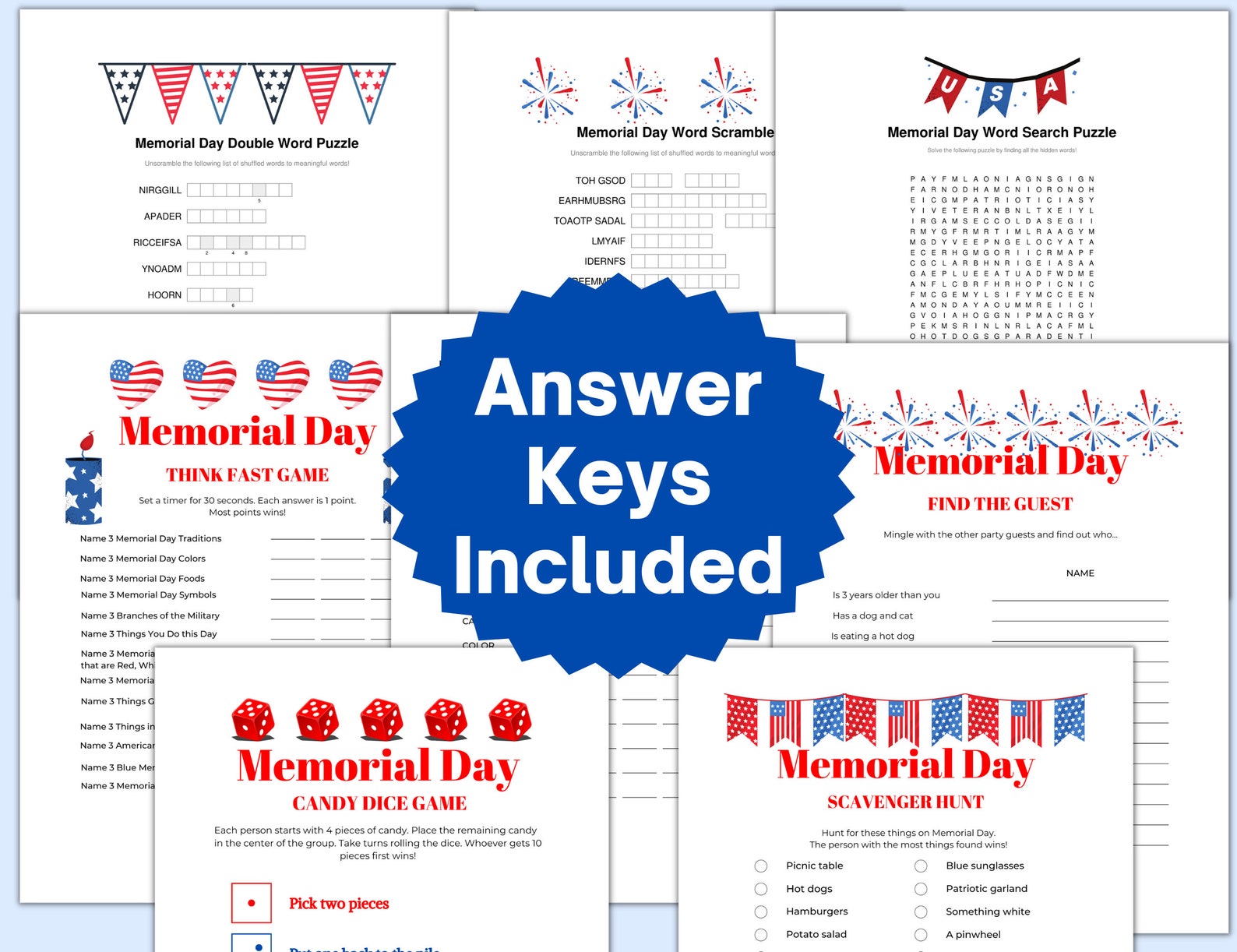 Memorial Day Games, Find the Guest Game, Memorial Day Scavenger Hunt ...