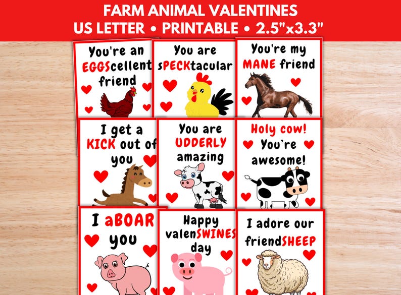 Farm Animal Valentines, Chicken Valentine, Horse Valentine Card, Sheep ...