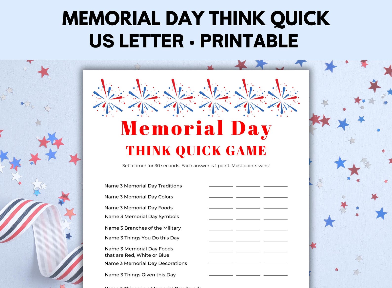 Memorial Day Think Quick Game, Memorial Day Games, Ice Breaker Games ...