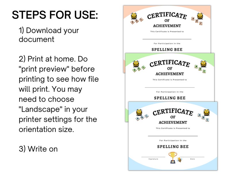 Spelling Bee Certificate, Award and Certificate of Achievement for Kids ...