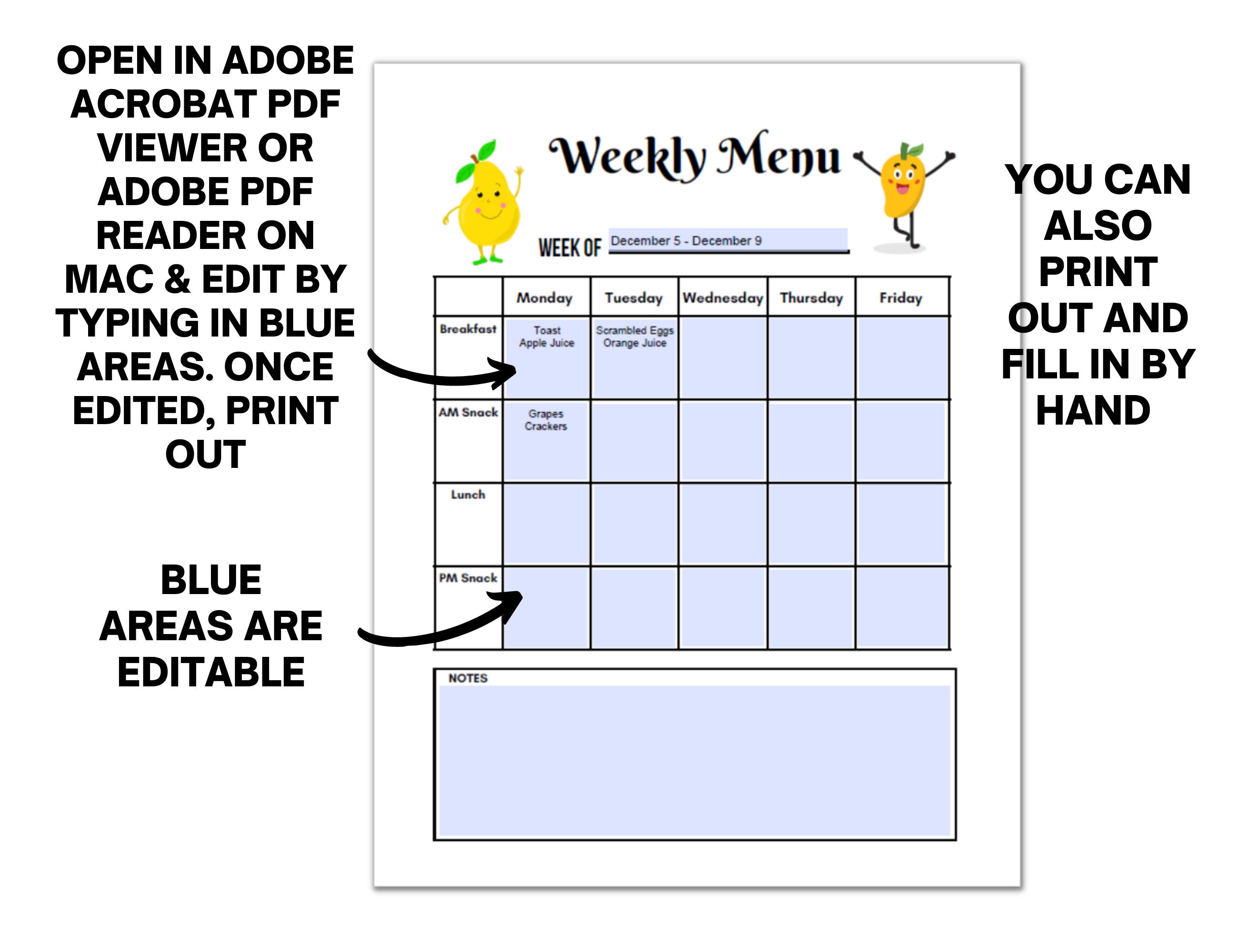 Editable Daycare Menu, Weekly Preschool Menu Template, Daycare or ...