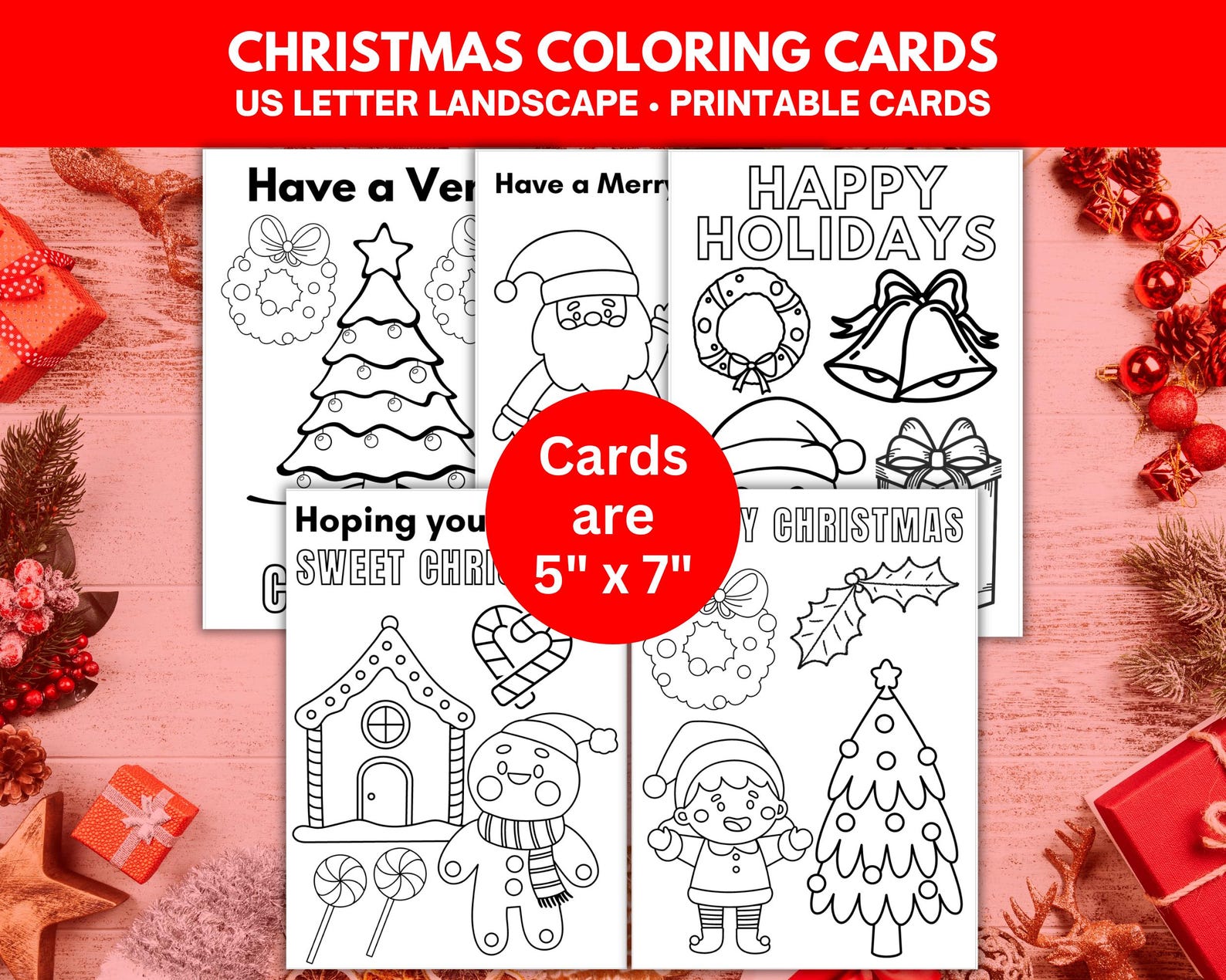 Christmas Coloring Cards for Kids Printable, Santa Coloring, Christmas ...