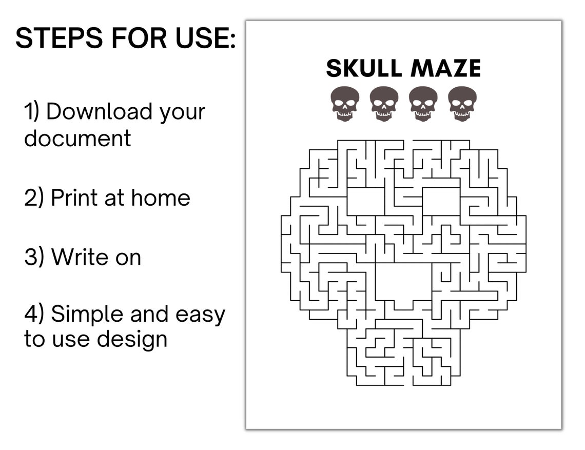 Skull Maze, Printable Halloween Maze, Halloween Activities and Games ...