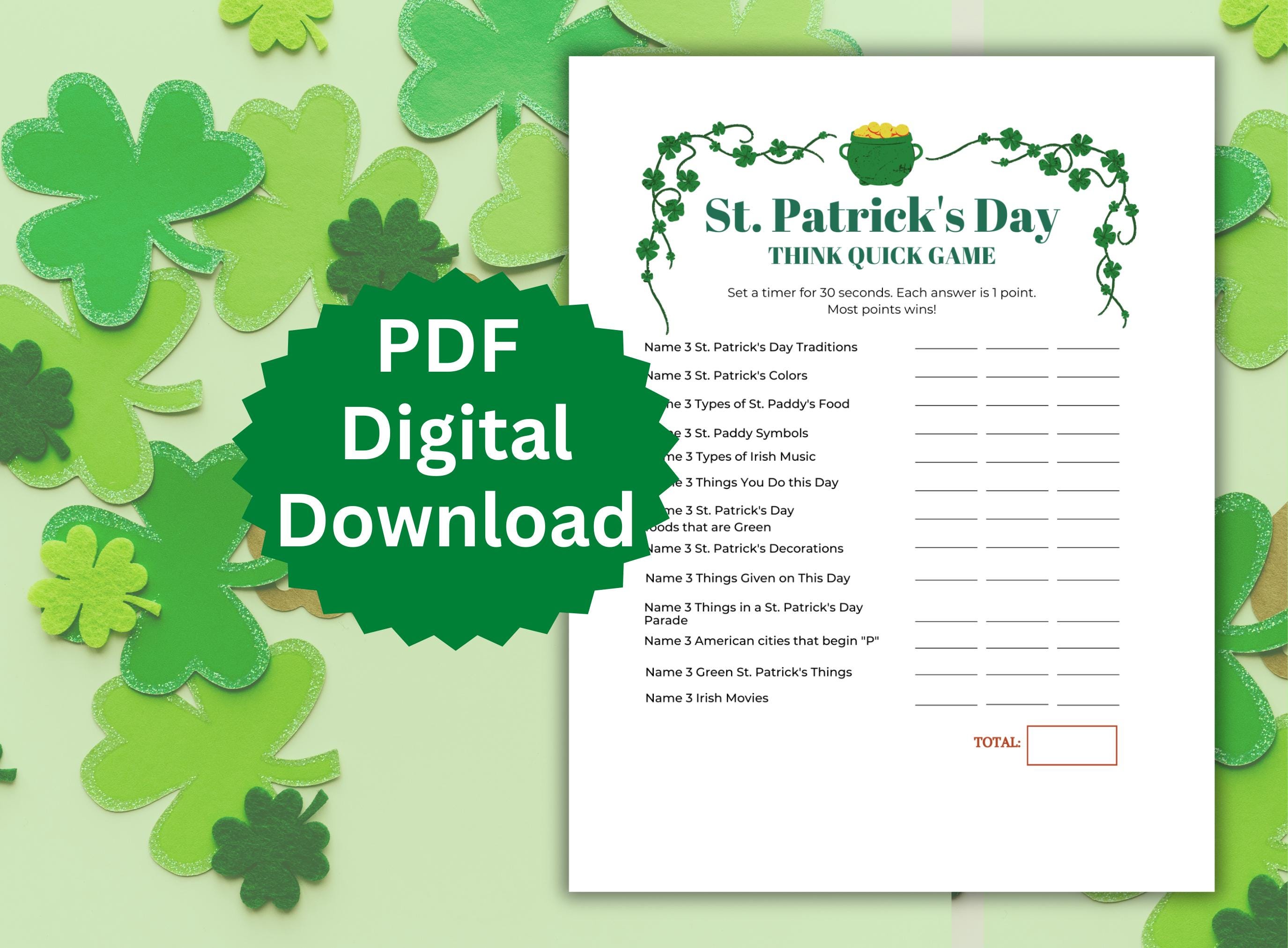 St. Patrick's Day Think Quick Game, St. Patrick's Game, Ice Breaker ...