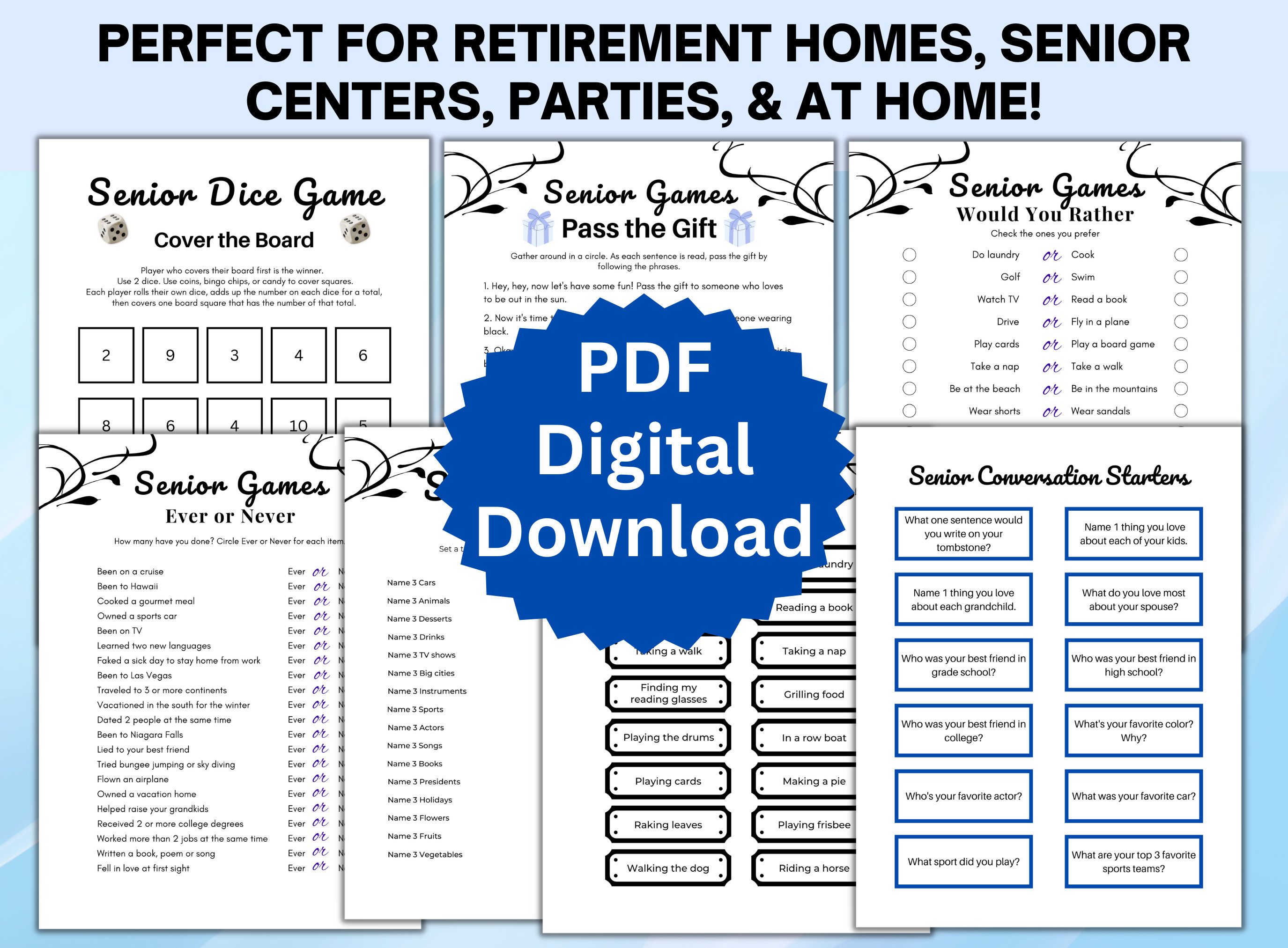 Senior Citizen Games, Retiree Games, Printable Games for Seniors - Etsy