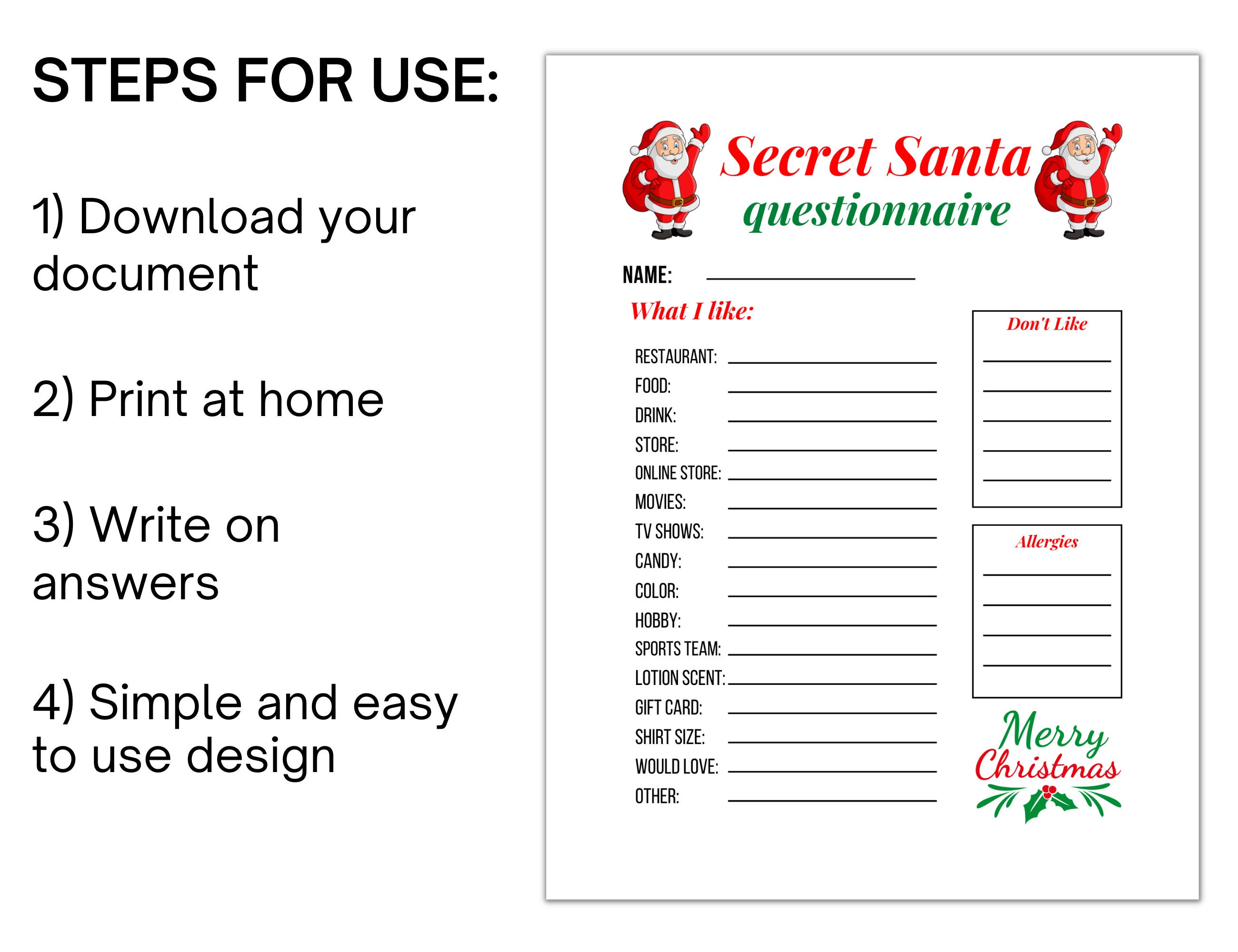 Secret Santa Questionnaire Printable, Christmas Wish List, to Buy List ...