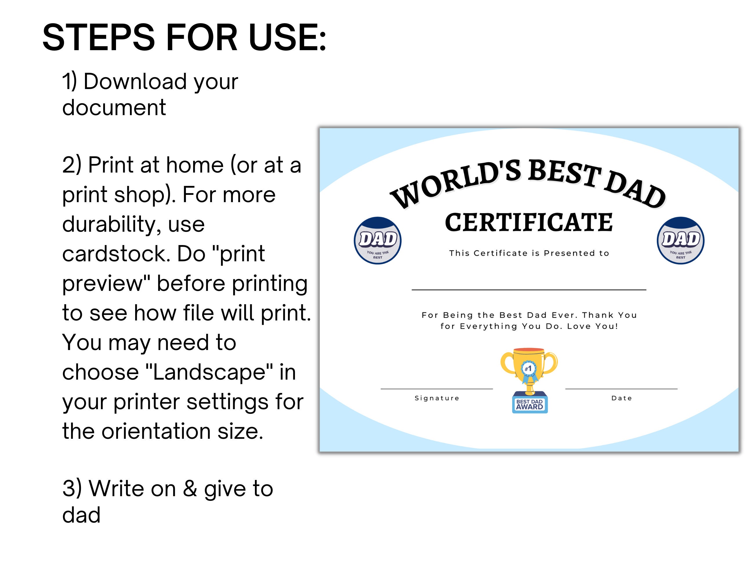 Best Dad Ever Certificate, Number One Dad and World's Best Dad Award ...