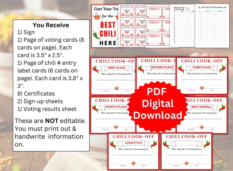 Chili Cook off Voting Cards, Certificates, Sign for Chili Contest Kit ...