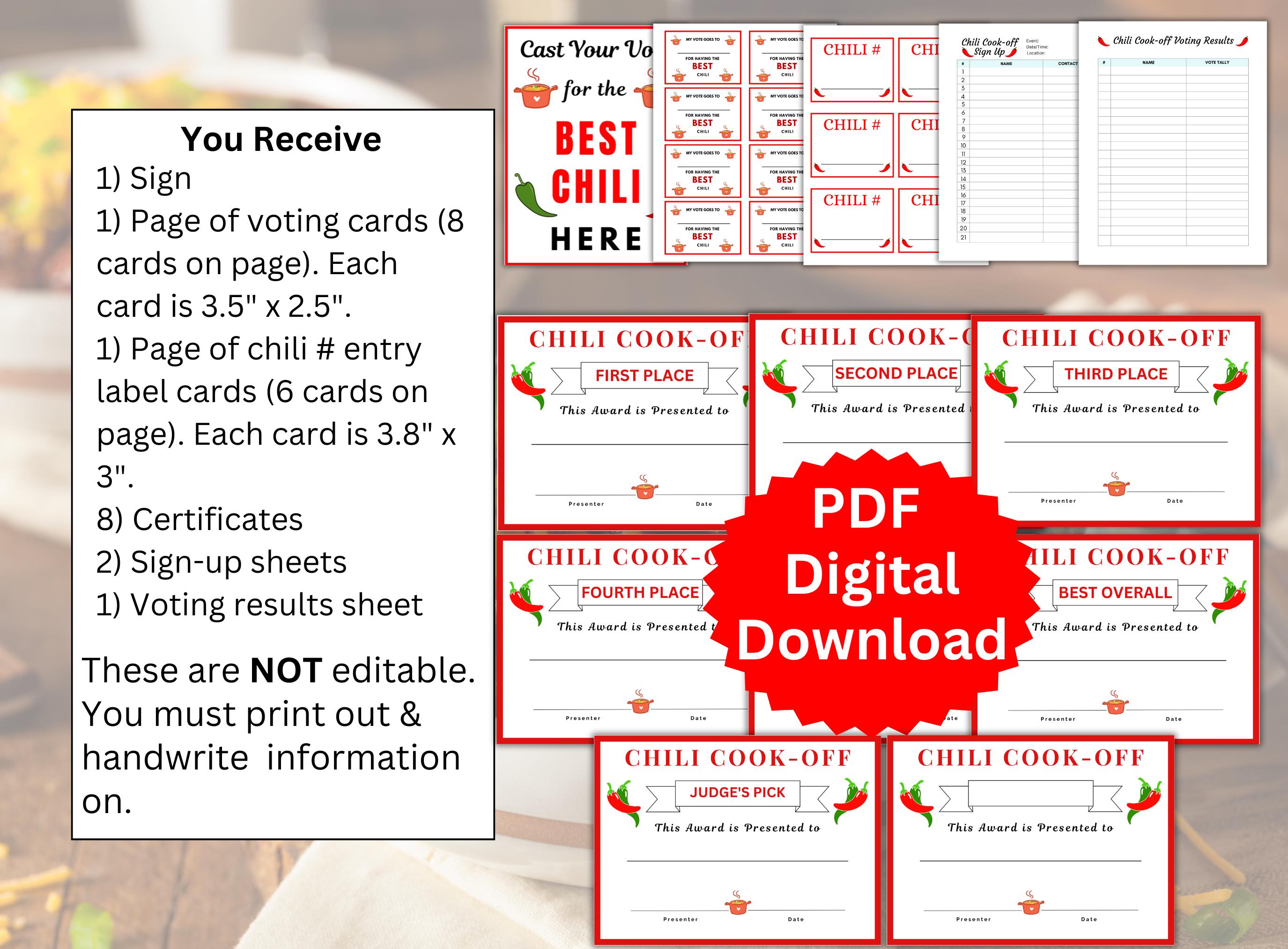 Chili Cook off Voting Cards, Certificates, Sign for Chili Contest Kit ...