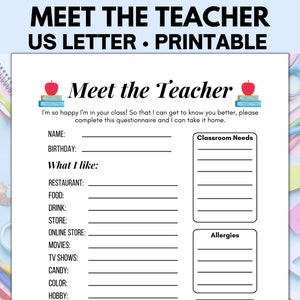 Meet the Teacher, Teacher Favorite Questionnaire, Teacher About Me and ...