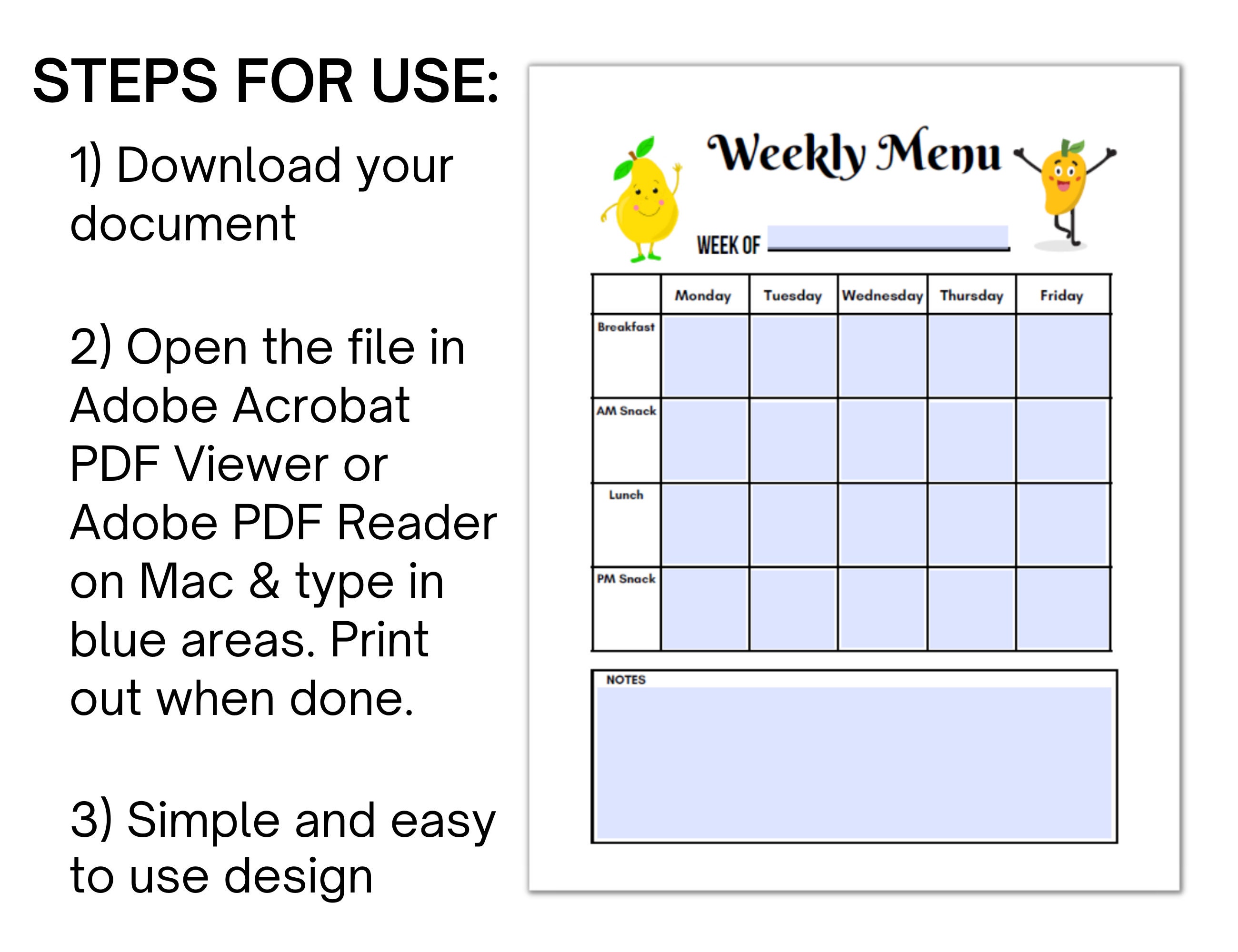 Editable Daycare Menu, Weekly Preschool Menu Template, Daycare or ...