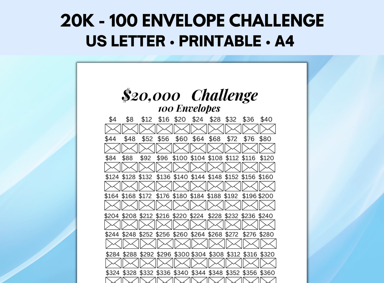 20K Savings Challenge, 100 Envelope Challenge Printable, 20000 Savings ...