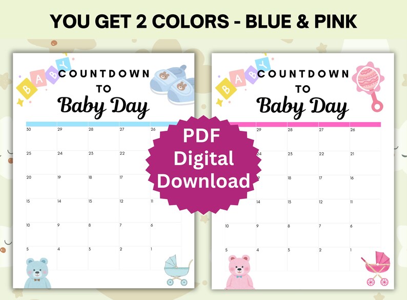 Baby Countdown Calendar, Printable 30 Day Pregnancy Countdown, Baby Day ...