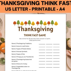 Thanksgiving Think Fast Game, Thanksgiving Printable Game, Holiday ...