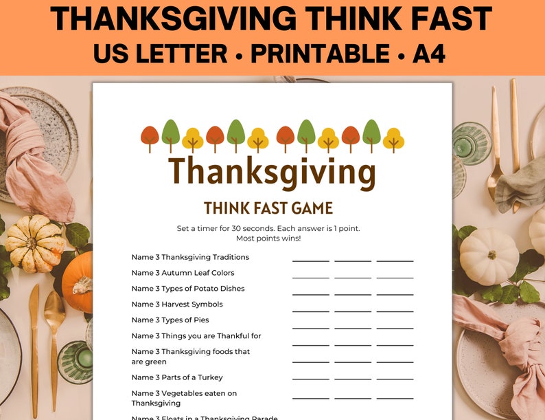 Thanksgiving Think Fast Game, Thanksgiving Printable Game, Holiday ...