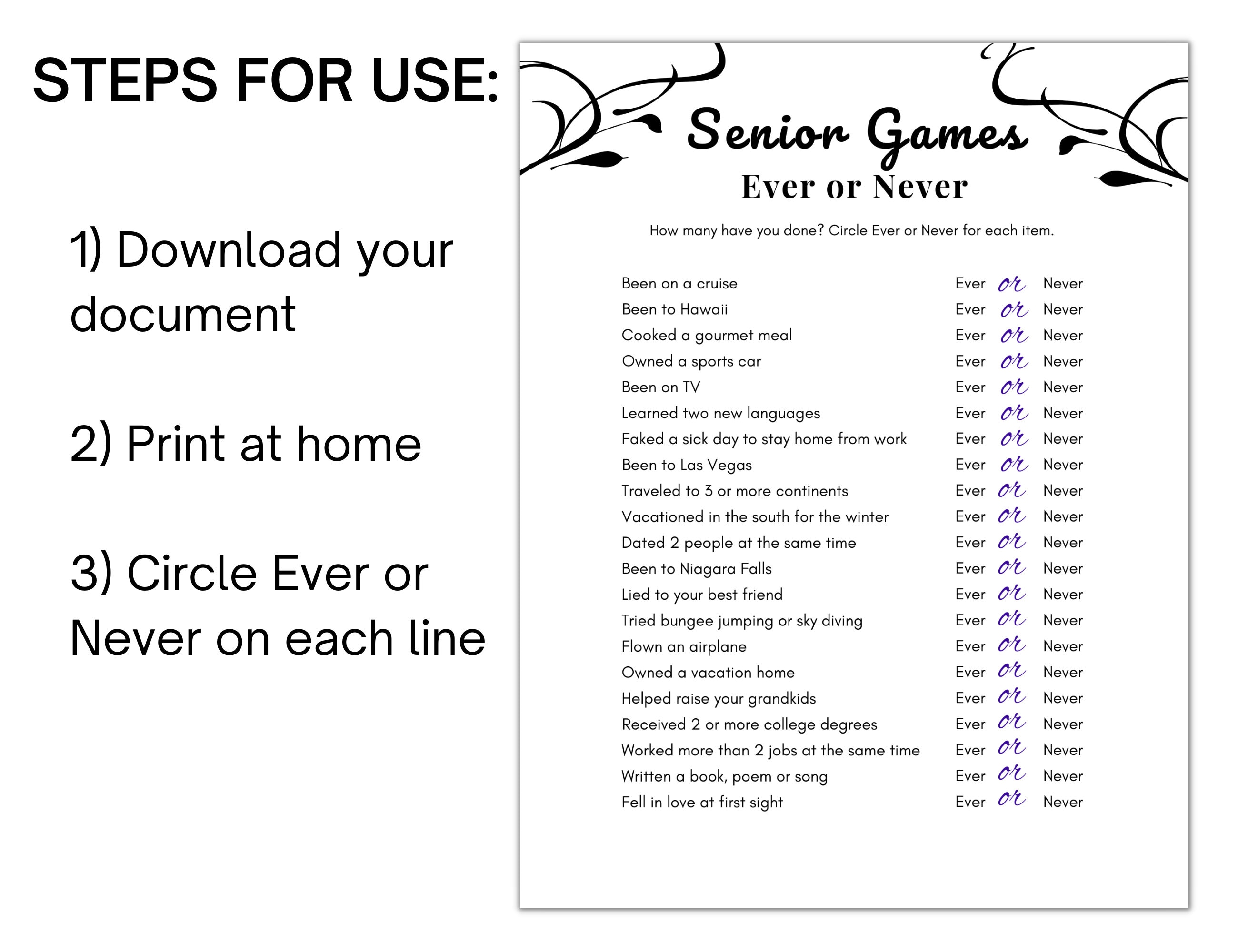Senior Ever or Never, Printable Games for Seniors, Ice Breaker Games ...