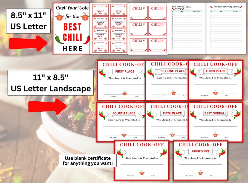Chili Cook off Voting Cards, Certificates, Sign for Chili Contest Kit ...