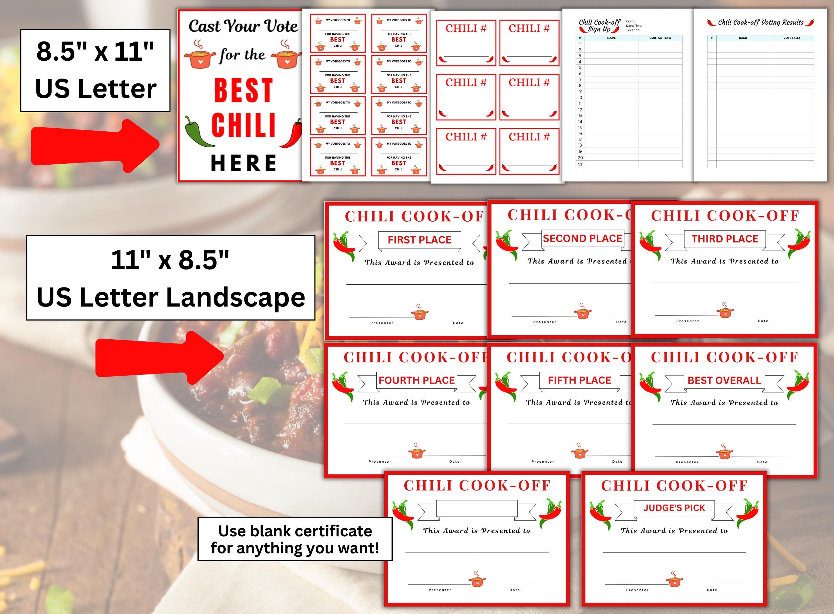 Chili Cook off Voting Cards, Certificates, Sign for Chili Contest Kit ...