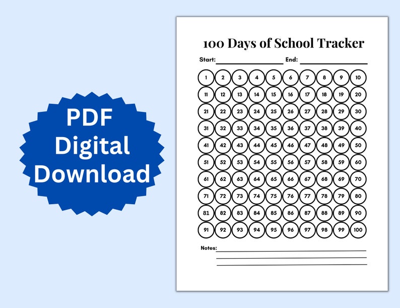 100 Days of School Tracker Printable, 100th Day of School - Etsy