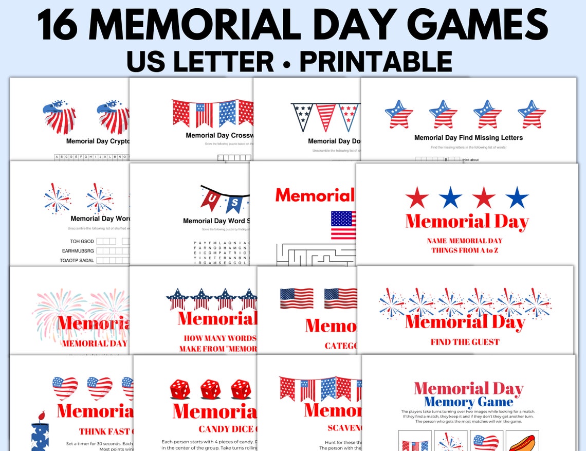 Printable Memorial Day Games Bundle With Crossword, Cryptogram, Word ...