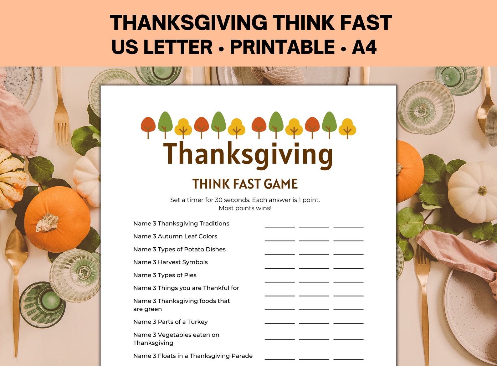 Thanksgiving Think Fast Game, Thanksgiving Printable Game, Holiday ...
