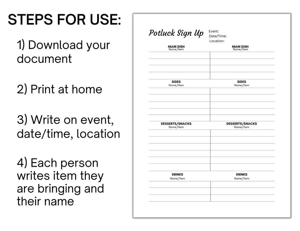 Potluck Sign up Sheet, Food Sign up Sheet - Etsy
