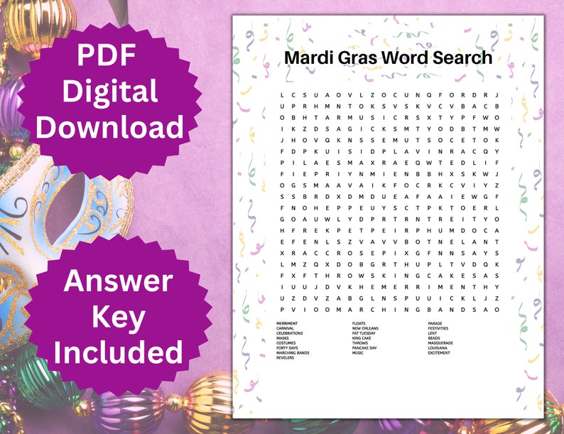 Mardi Gras Word Search Puzzle, Mardi Gras Games, Mardi Gras Printable ...