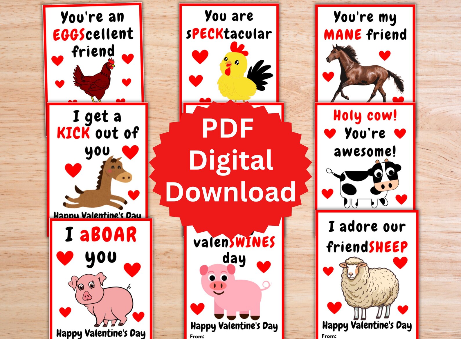 Farm Animal Valentines, Chicken Valentine, Horse Valentine Card, Sheep ...