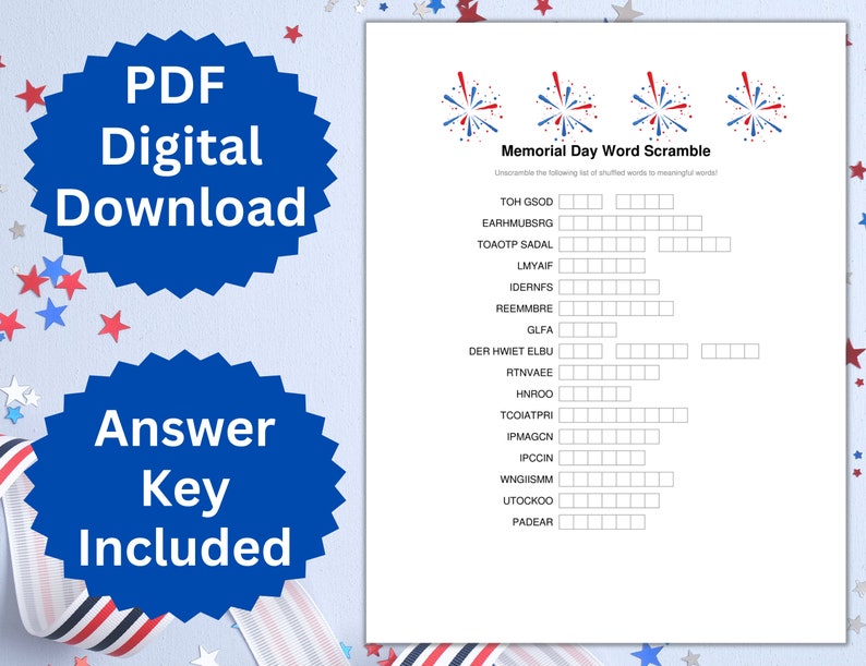 Memorial Day Word Scramble Game, Memorial Day Games - Etsy