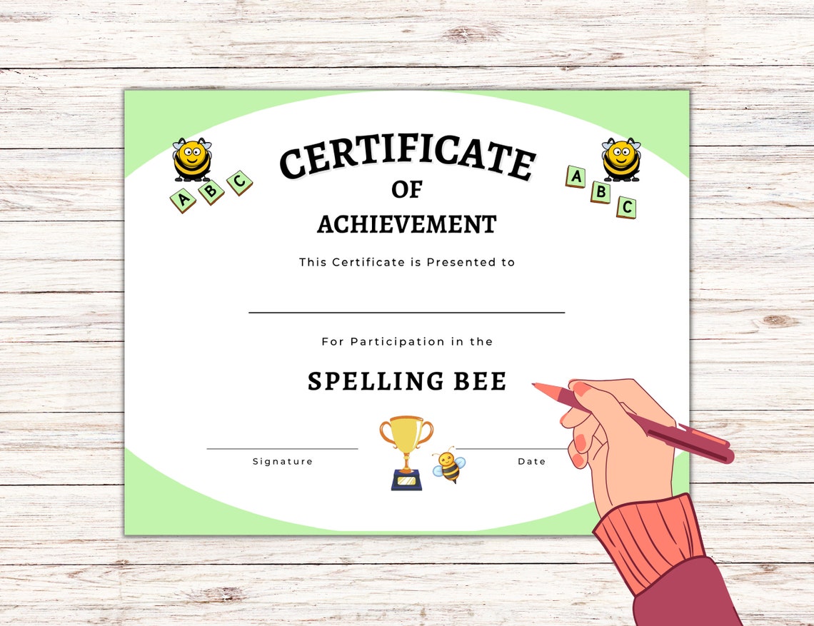 Spelling Bee Certificate, Award and Certificate of Achievement for Kids ...