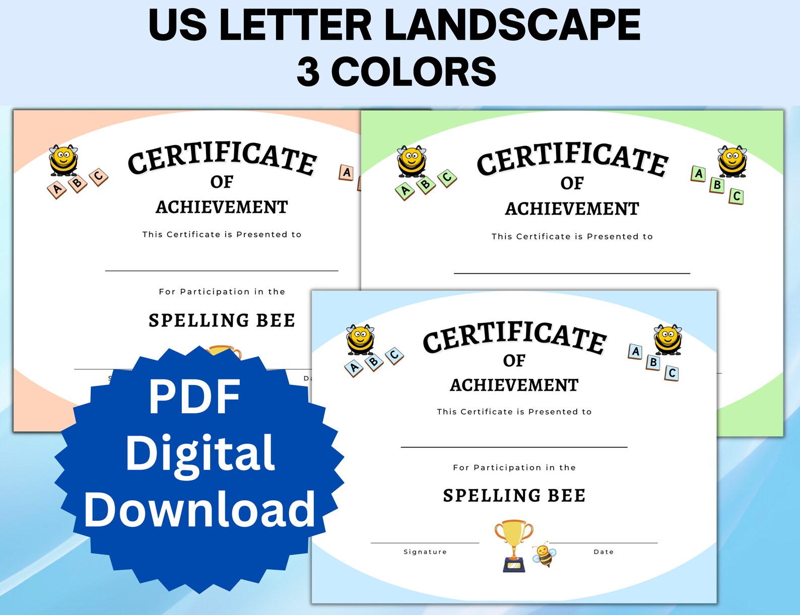 Spelling Bee Certificate, Award and Certificate of Achievement for Kids ...