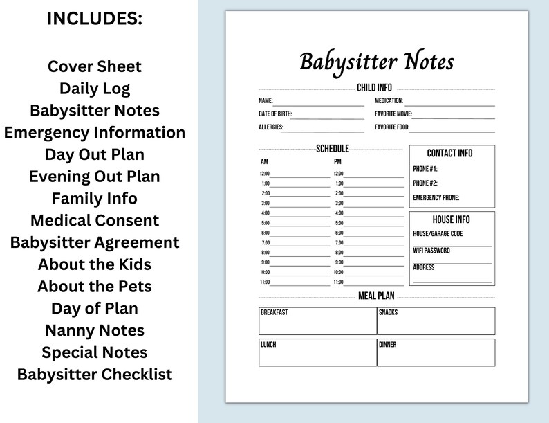 Babysitter Planner, Babysitter Notes, Babysitter Info, Babysitter Guide ...