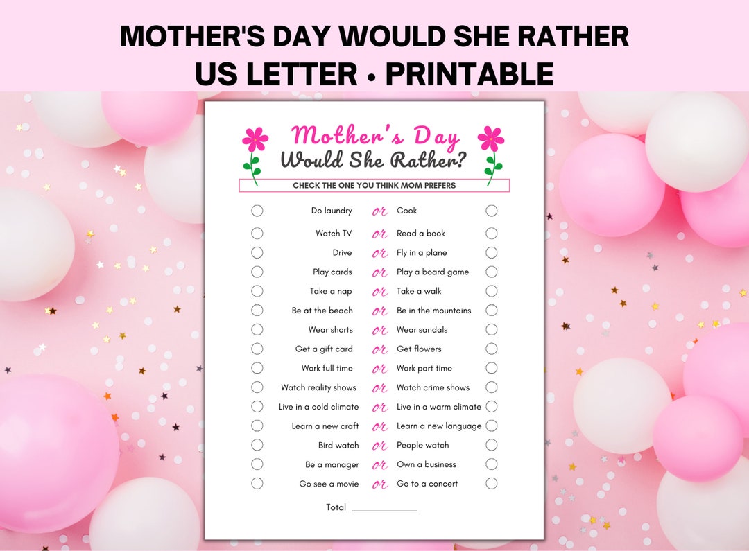Mother's Day Would She Rather, Mother's Day Game and Activity, Would ...