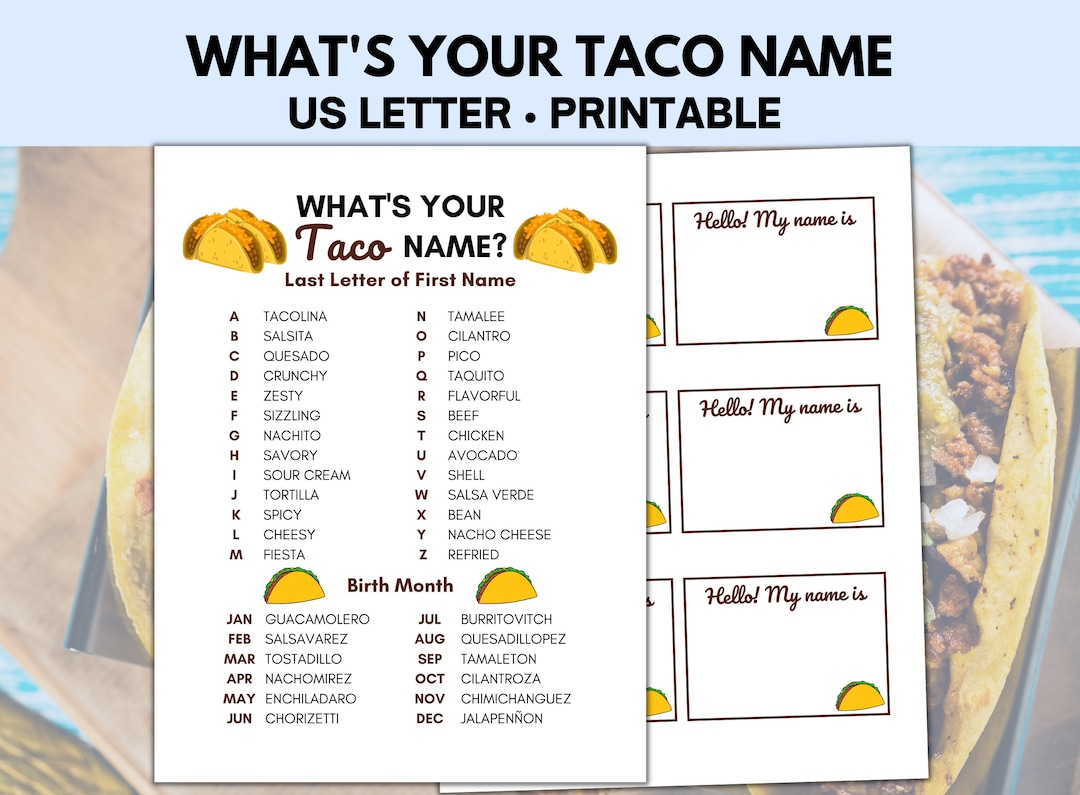 What's Your Taco Name Game, Taco Party Game, Cinco De Mayo Games ...