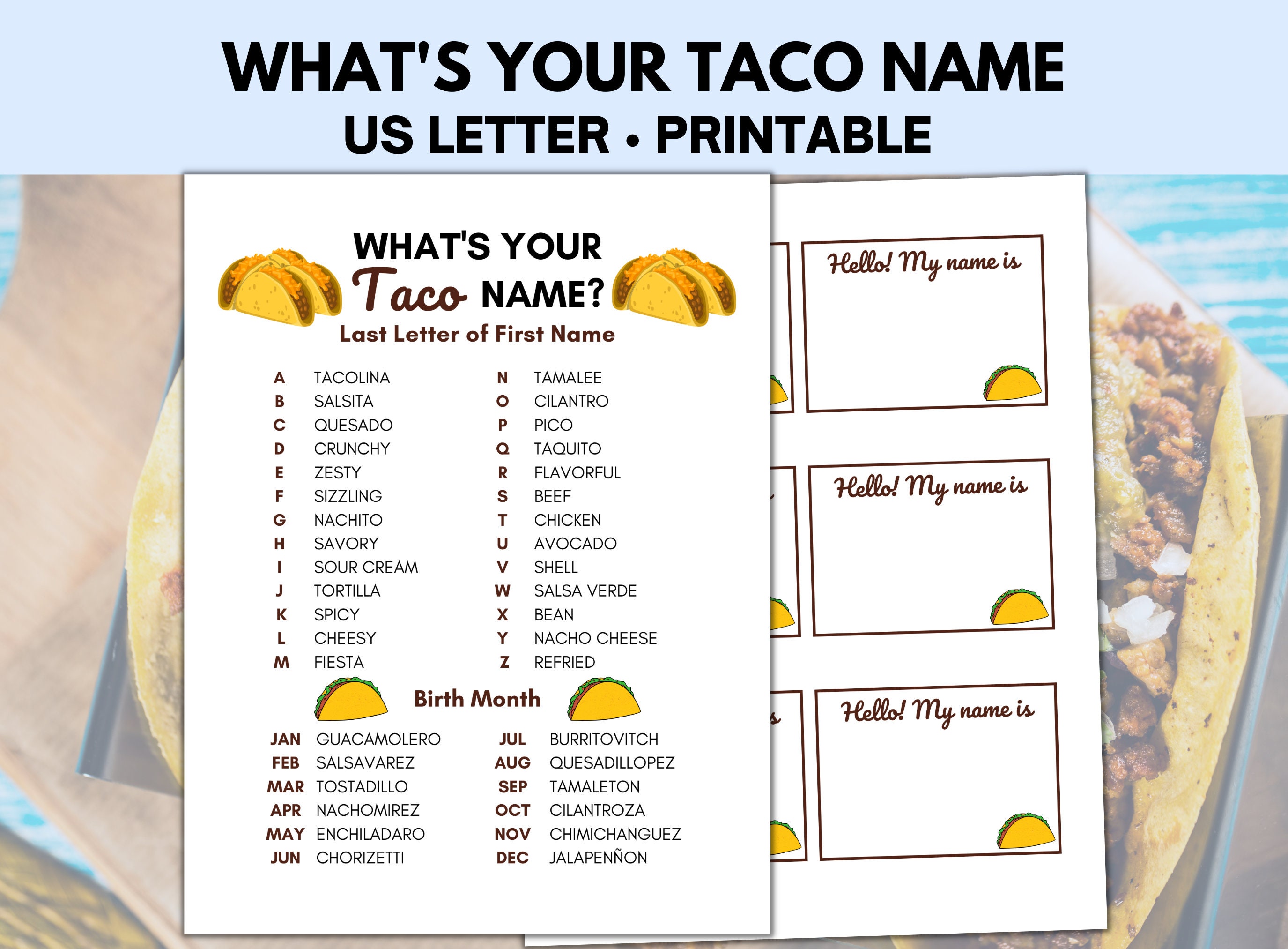 What's Your Taco Name Game, Taco Party Game, Cinco De Mayo Games ...