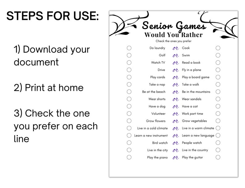 Senior Would You Rather Game, Printable Games for Seniors, Senior Brain ...