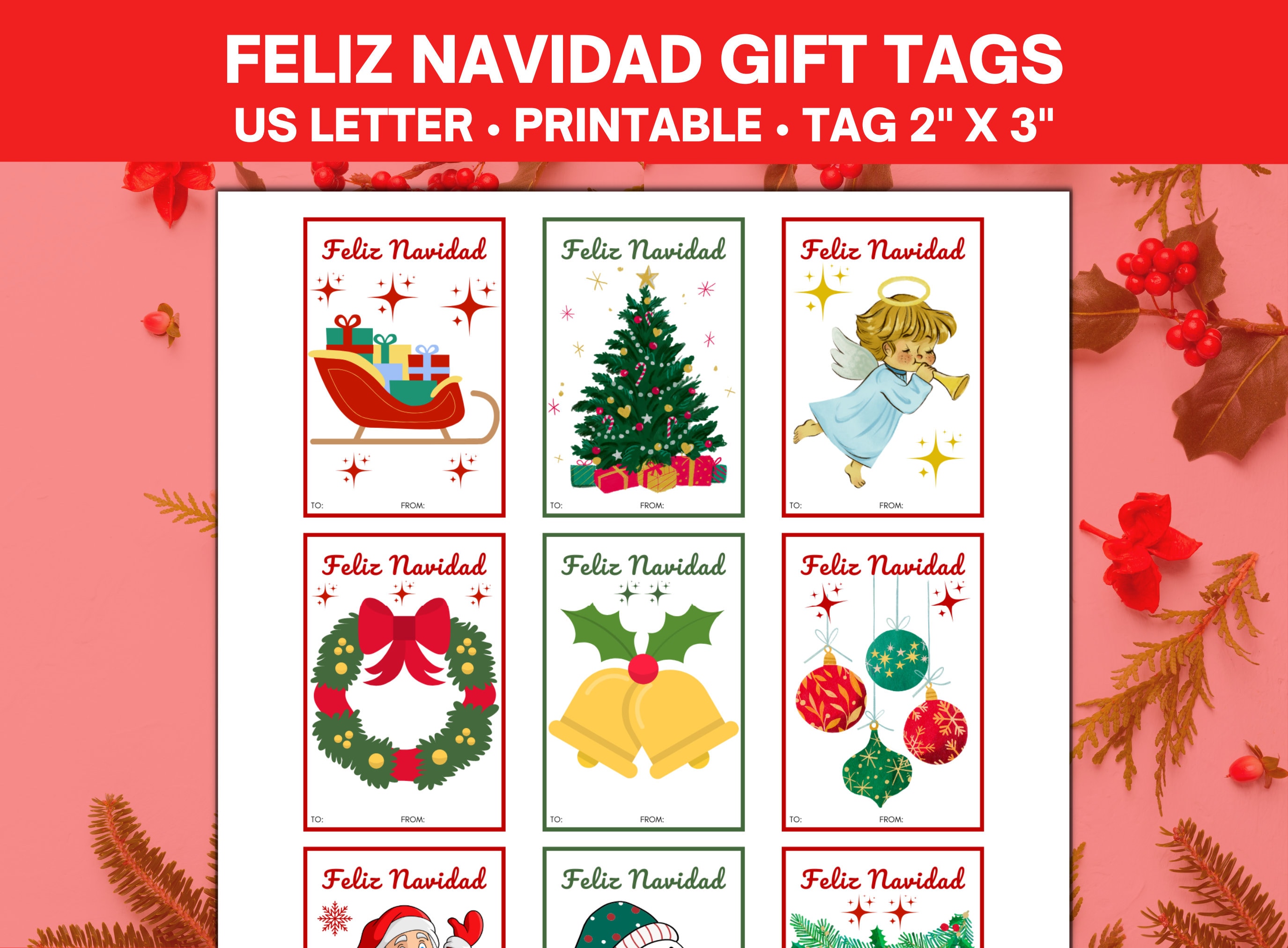 Printable Gift Tags Feliz Navidad, Christmas Gift Tags, Gift Tag Pdf ...