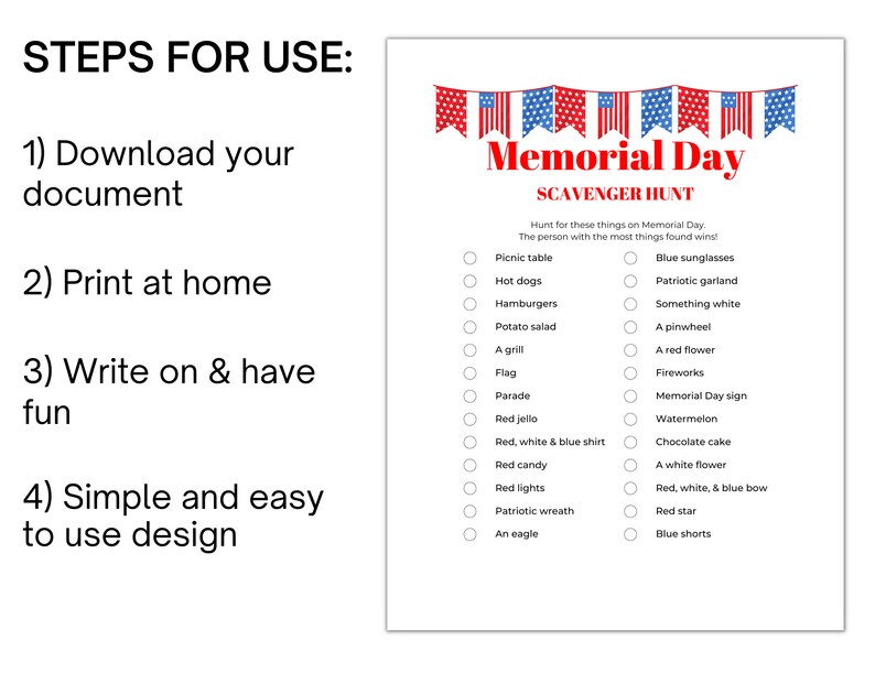 Memorial Day Scavenger Hunt for Kids and Adults, Treasure Hunt ...