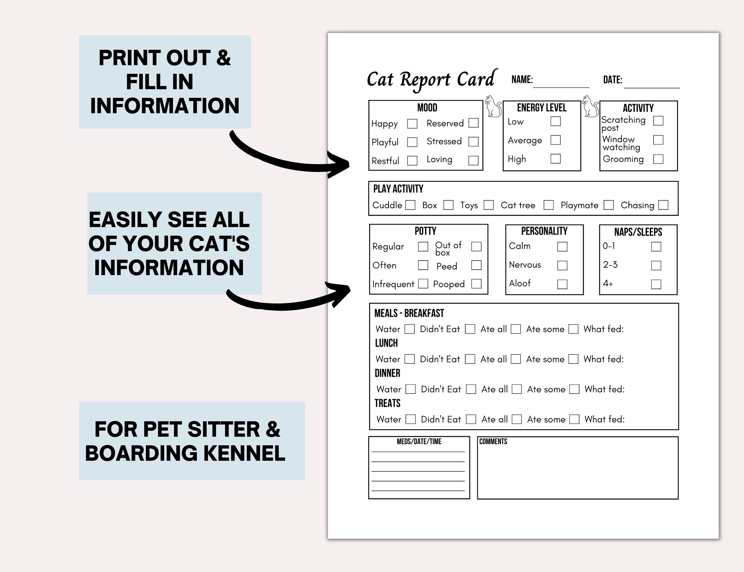 Cat Report Card, Cat Sitter Report Printable, Cat Care Planner, Cat ...