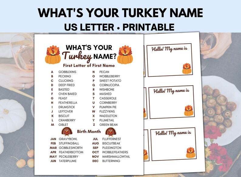 What's Your Turkey Name Game, Thanksgiving Games Printable for Family ...