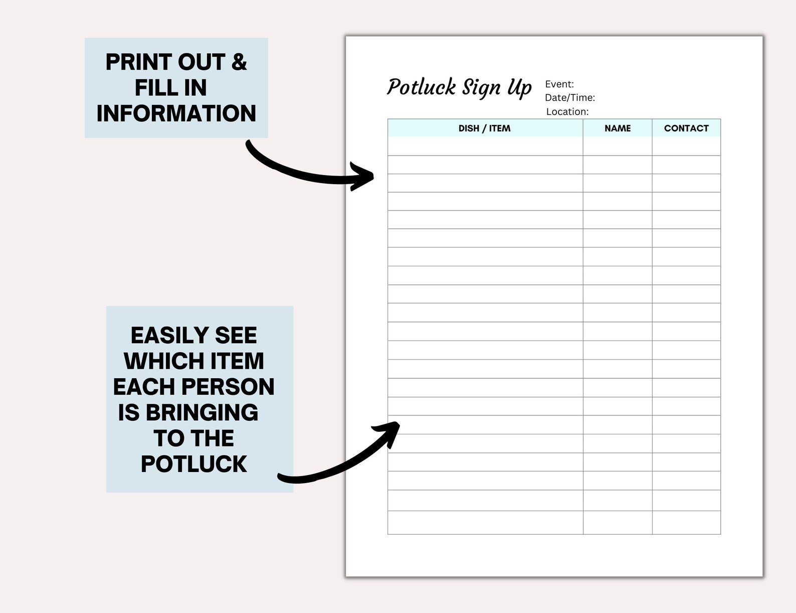 Potluck Sign up Sheet and List, Holiday Potluck Sign up Sheet, Family ...