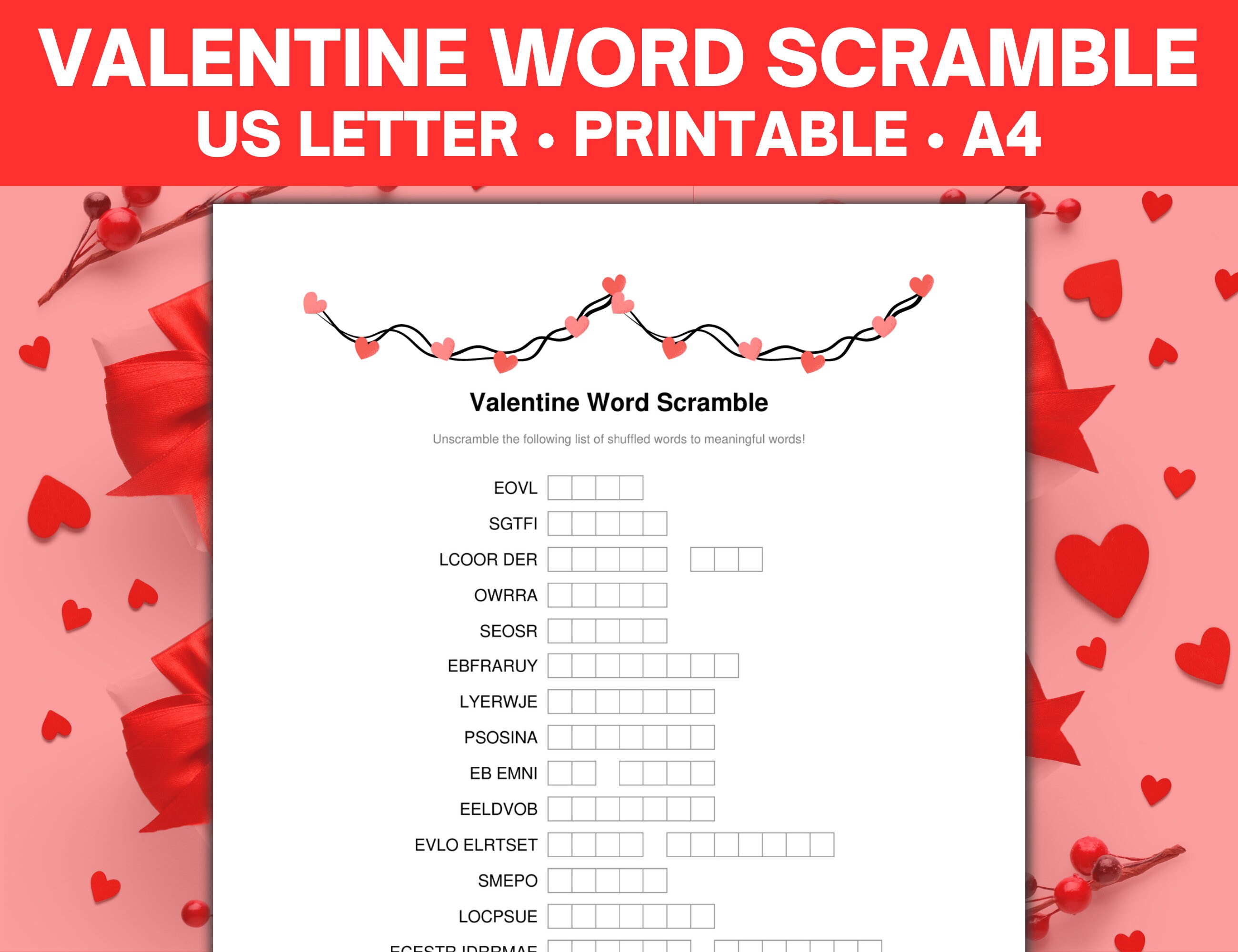 Valentine Word Scramble, Valentine Games Printable, Valentine's Day ...