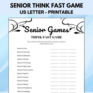 Senior Think Fast Game, Printable Games for Seniors, Ice Breaker Games ...