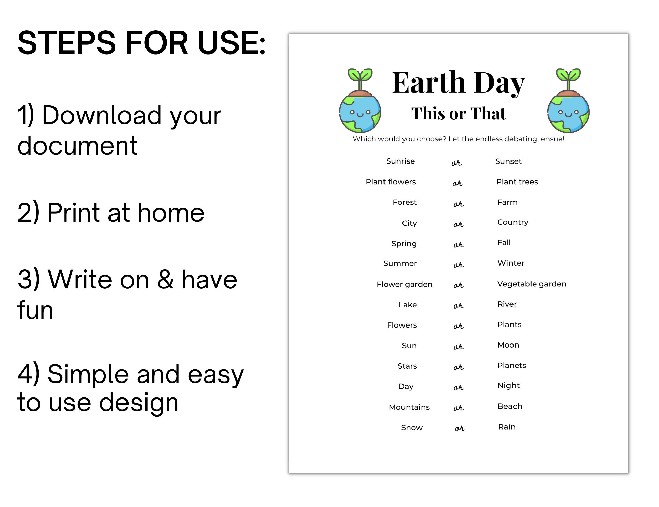 Earth Day This or That Game, Ice Breaker Games, Earth Day Printable ...