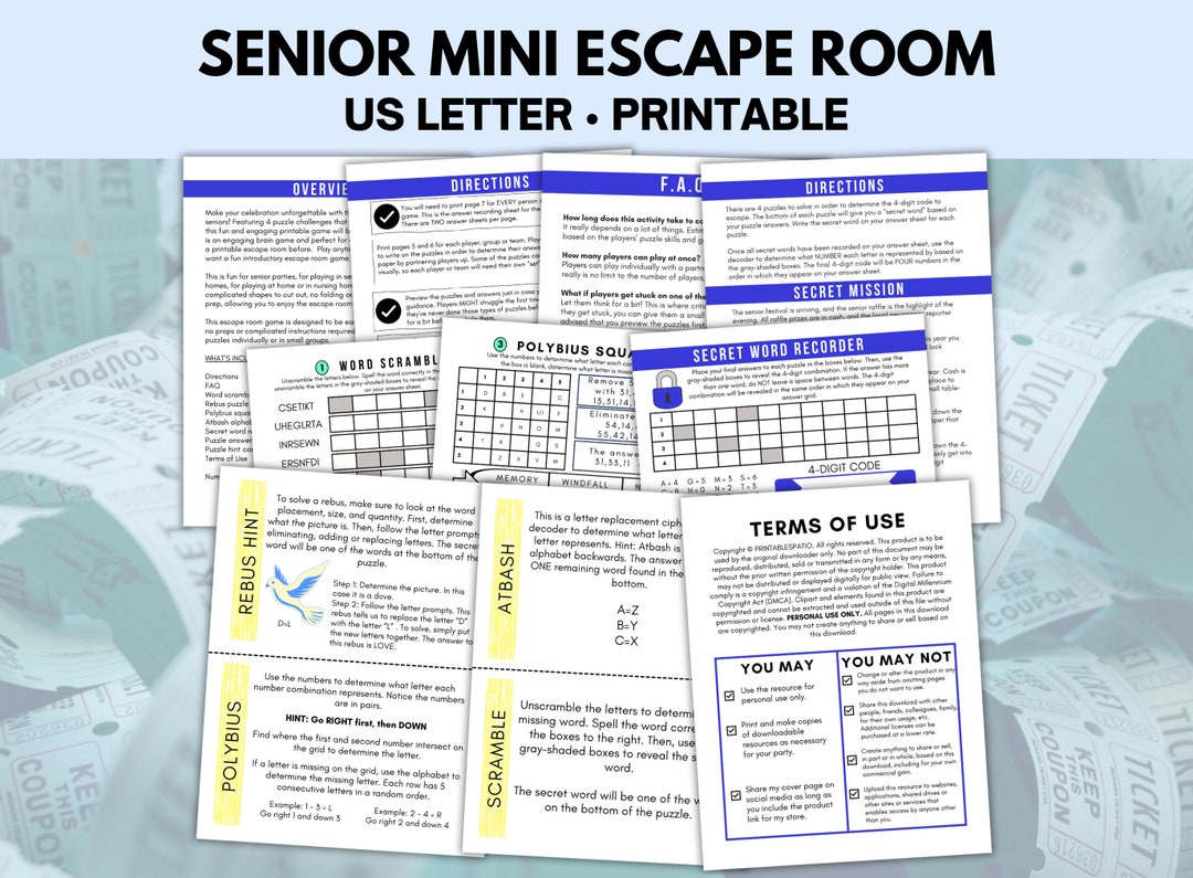 Mini Escape Room for Seniors, Printable Senior Citizen Games, Retiree ...