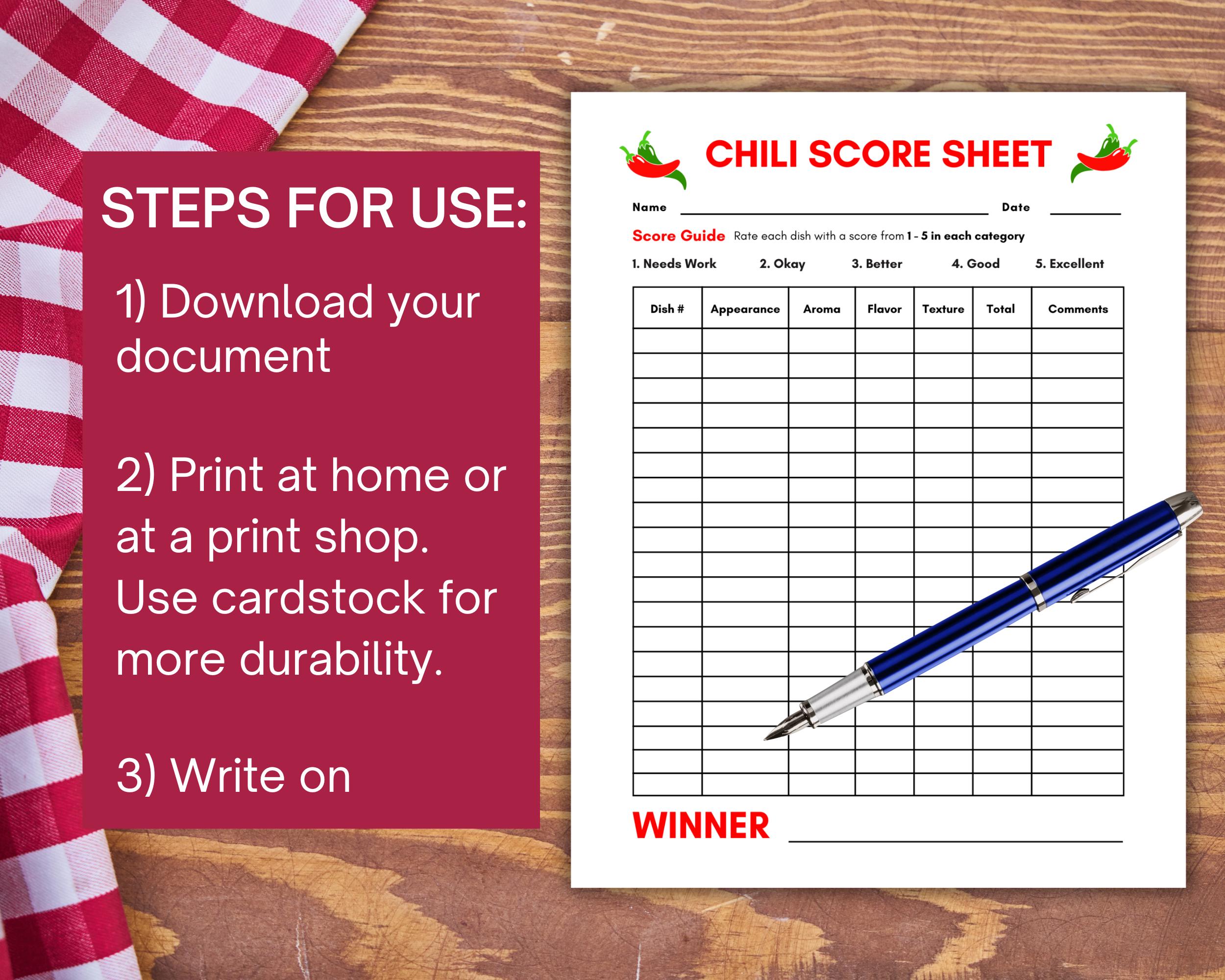 Chili Score Card, Chili Cook off Score Sheet, Chili Competition, Chili ...
